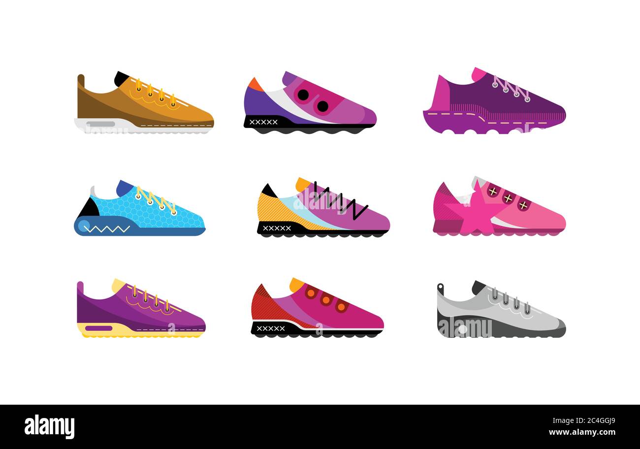Modern sports shoes collection. Set of multicolored vector icons ...