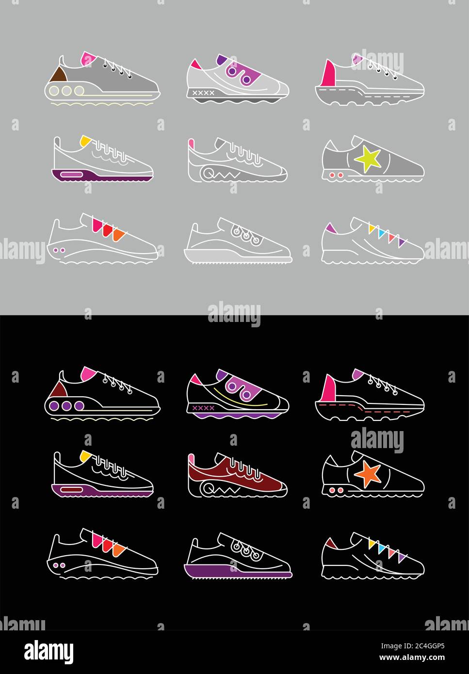 Modern sports shoes collection. Set of multicolored vector icons Stock ...