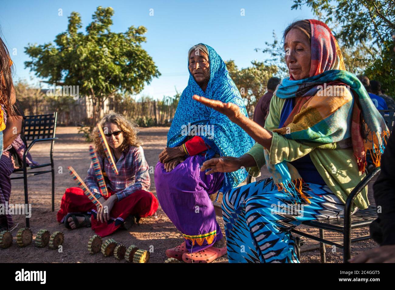 A group of women of the Comcáac indigenous community play a traditional ...