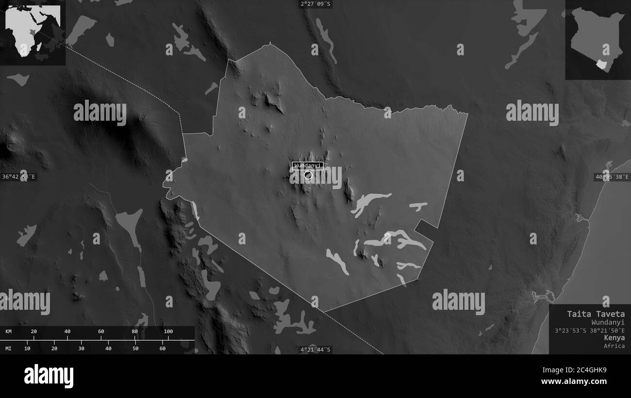 Taita Taveta, county of Kenya. Grayscaled map with lakes and rivers ...