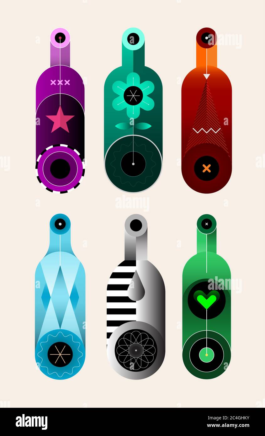 A row of six different colored bottles on a light background ...