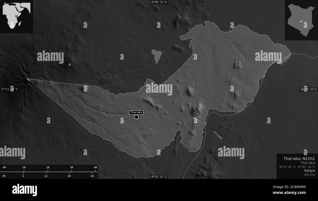 Tharaka-Nithi, county of Kenya. Grayscaled map with lakes and rivers ...
