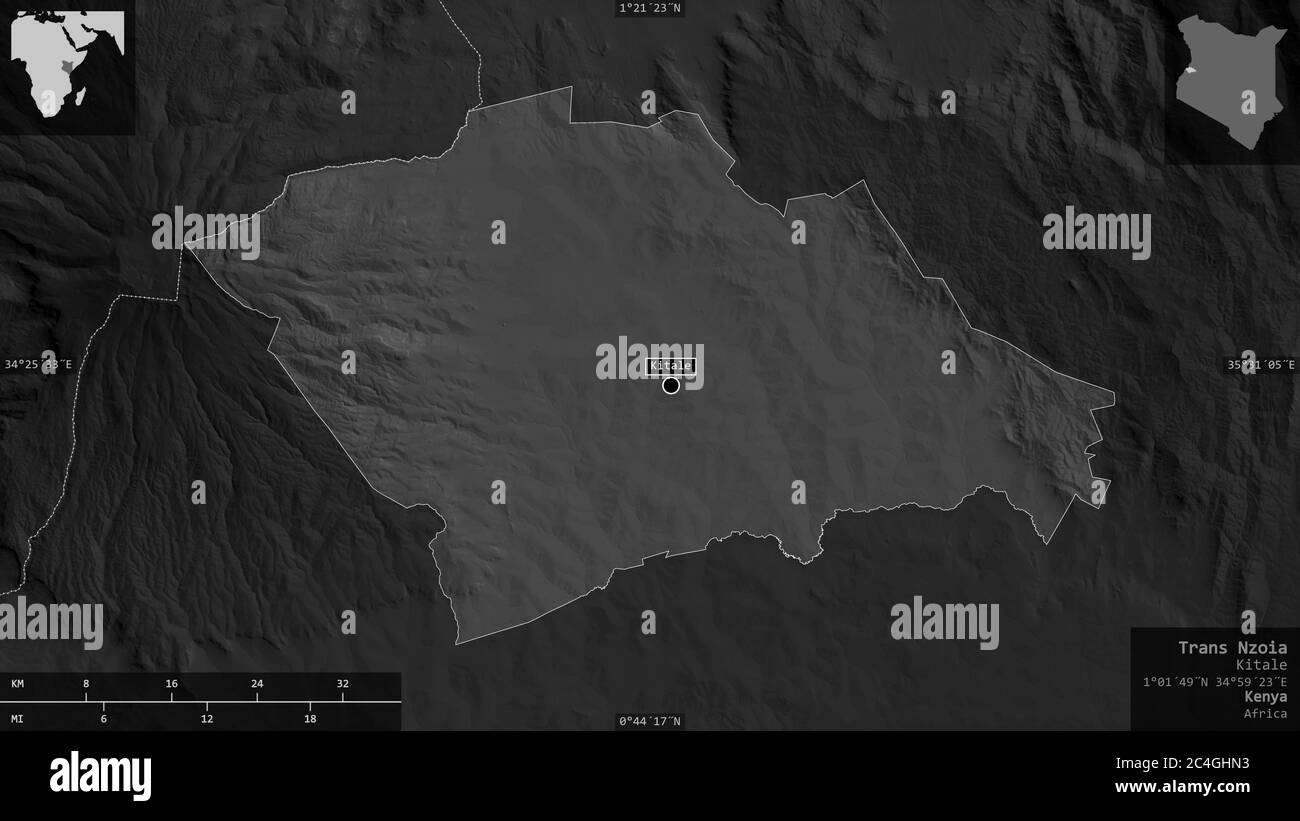 Trans Nzoia, county of Kenya. Grayscaled map with lakes and rivers ...