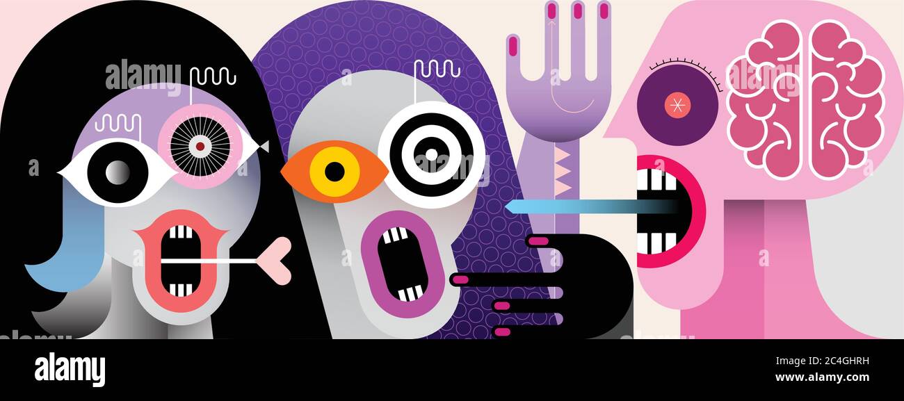 Modern art vector illustration of three strange people. People meeting ...