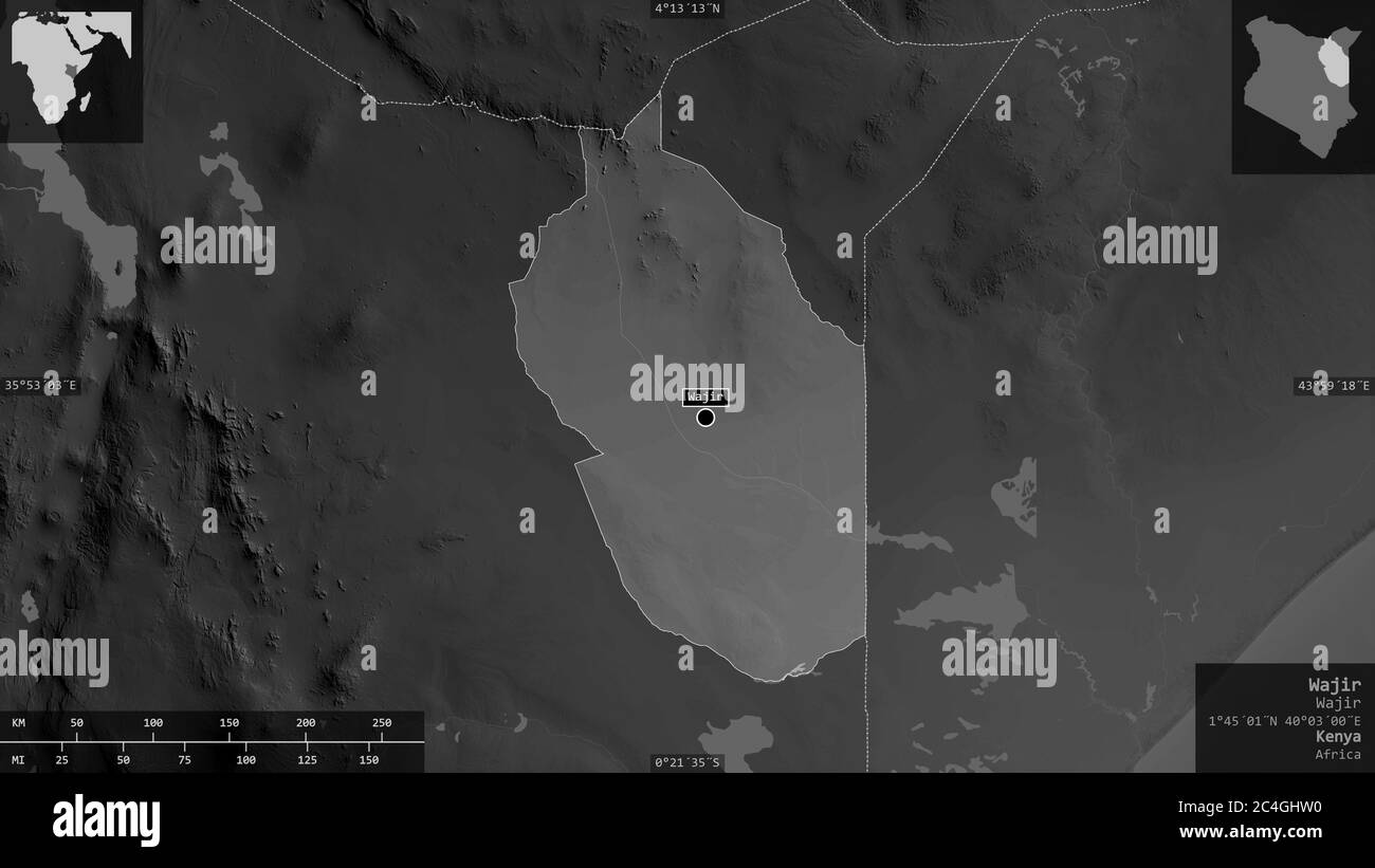 Wajir, county of Kenya. Grayscaled map with lakes and rivers. Shape ...