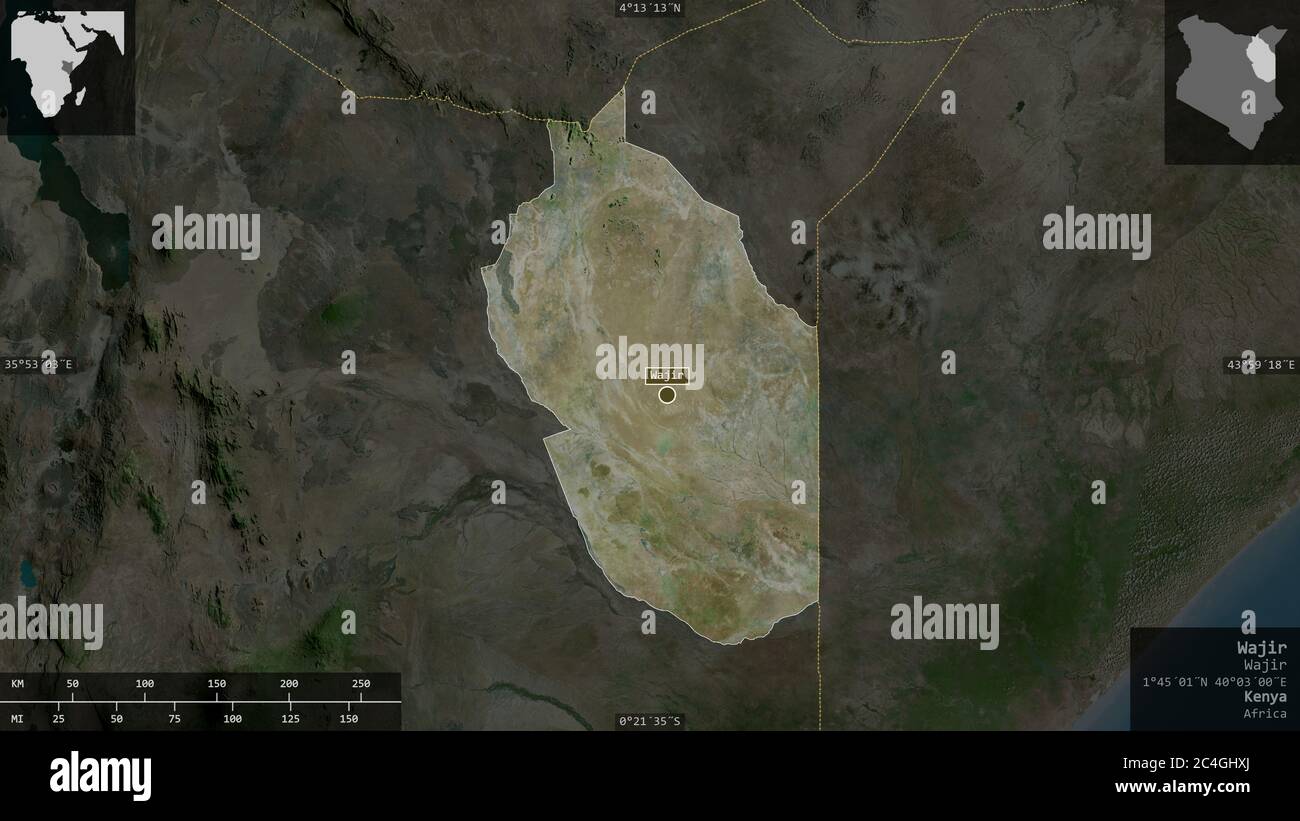 Wajir, county of Kenya. Satellite imagery. Shape presented against its ...
