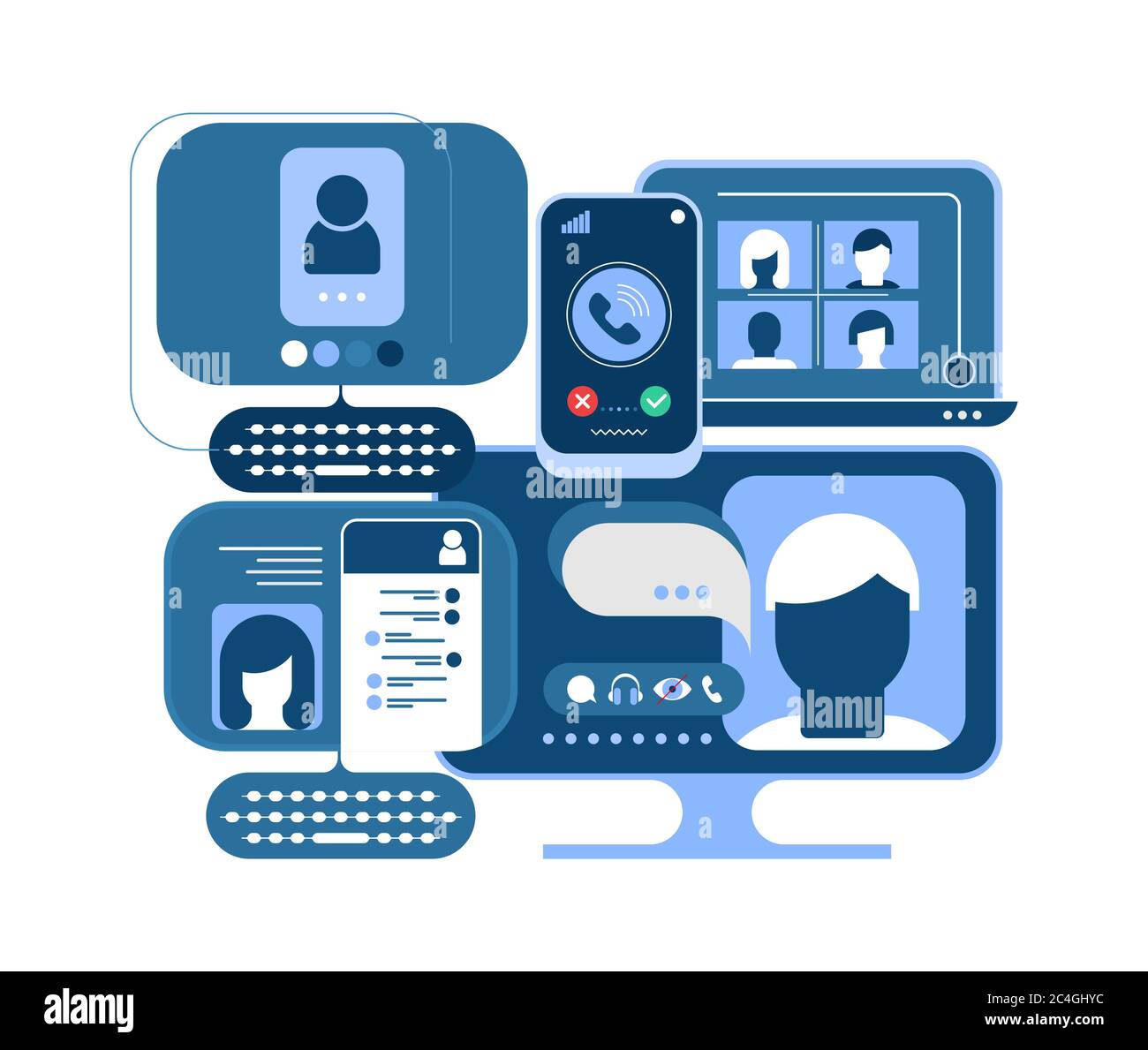 Online Chat and Communication Devices concept vector illustration. Blue ...