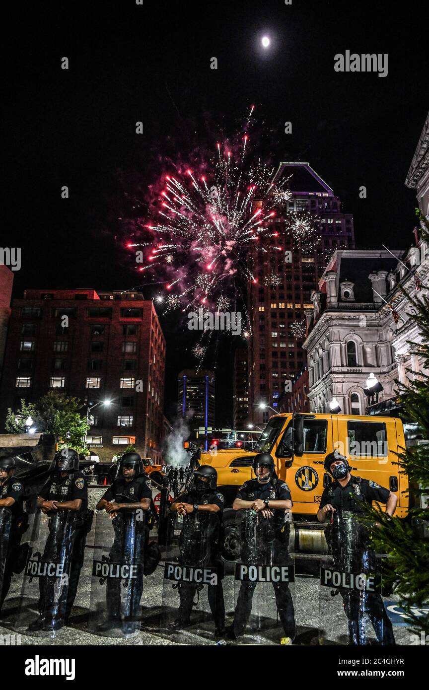 Baltimore, USA. 1st June, 2020. Fireworks light up the sky above riot ...