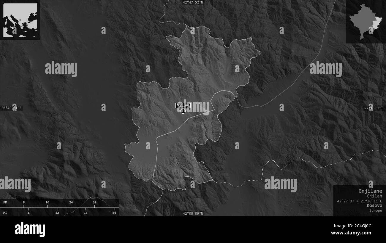 Gnjilane, district of Kosovo. Grayscaled map with lakes and rivers ...