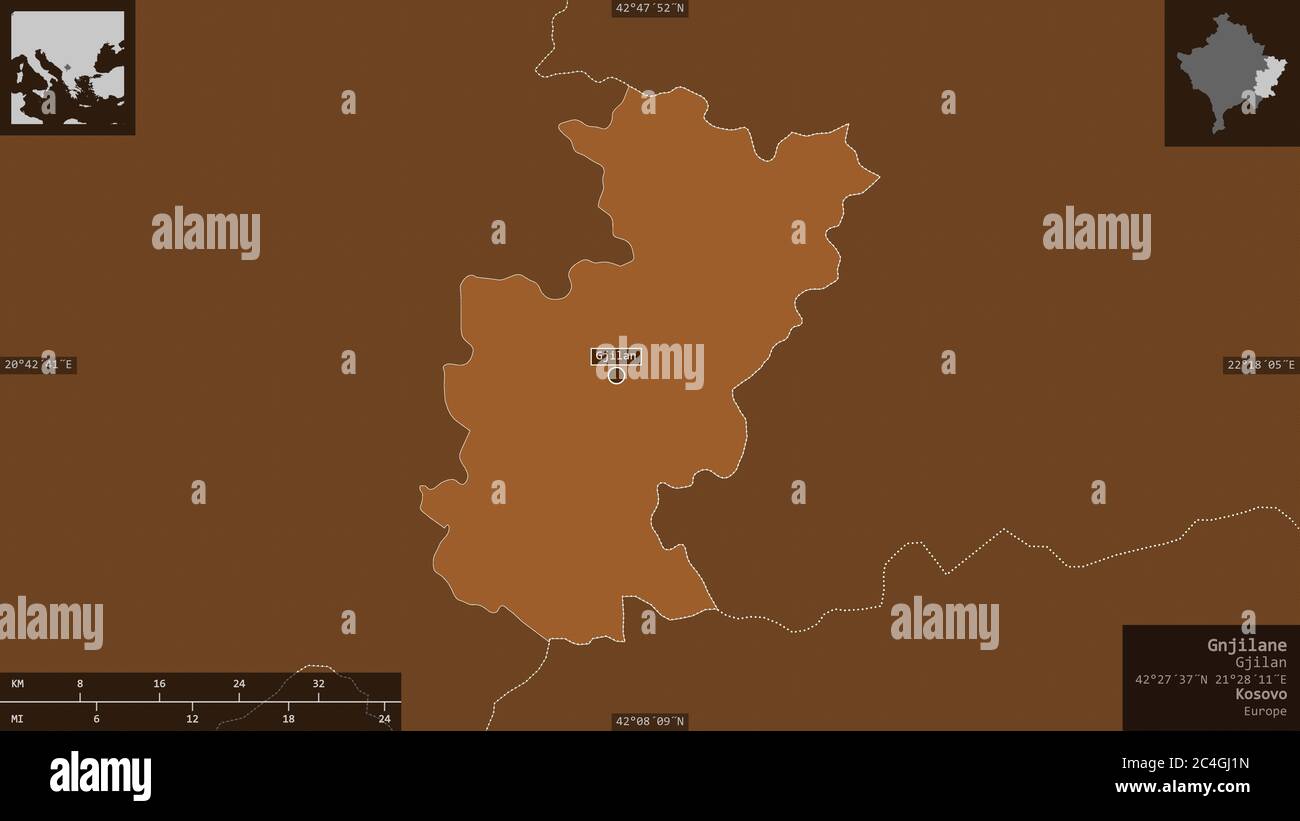 Gnjilane, district of Kosovo. Patterned solids with lakes and rivers ...