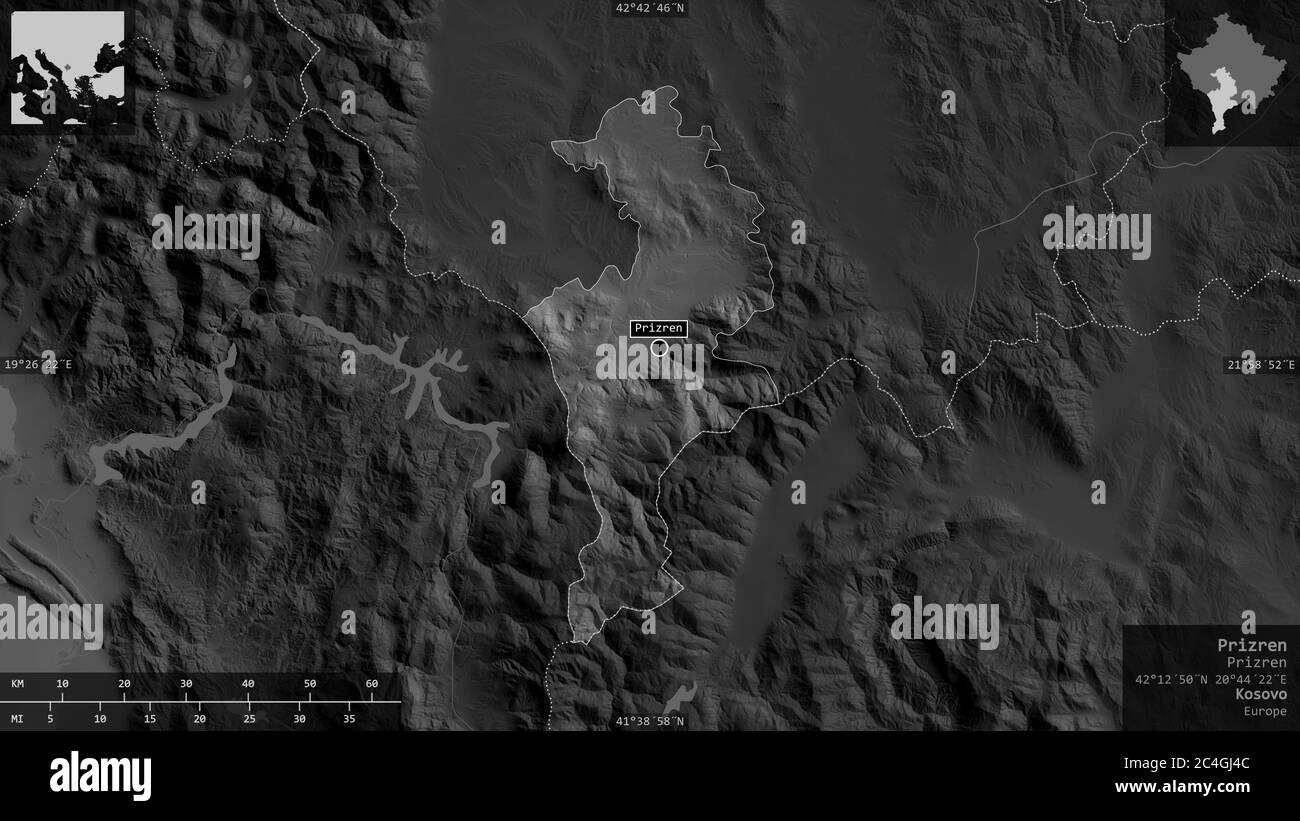 Prizren, district of Kosovo. Grayscaled map with lakes and rivers ...