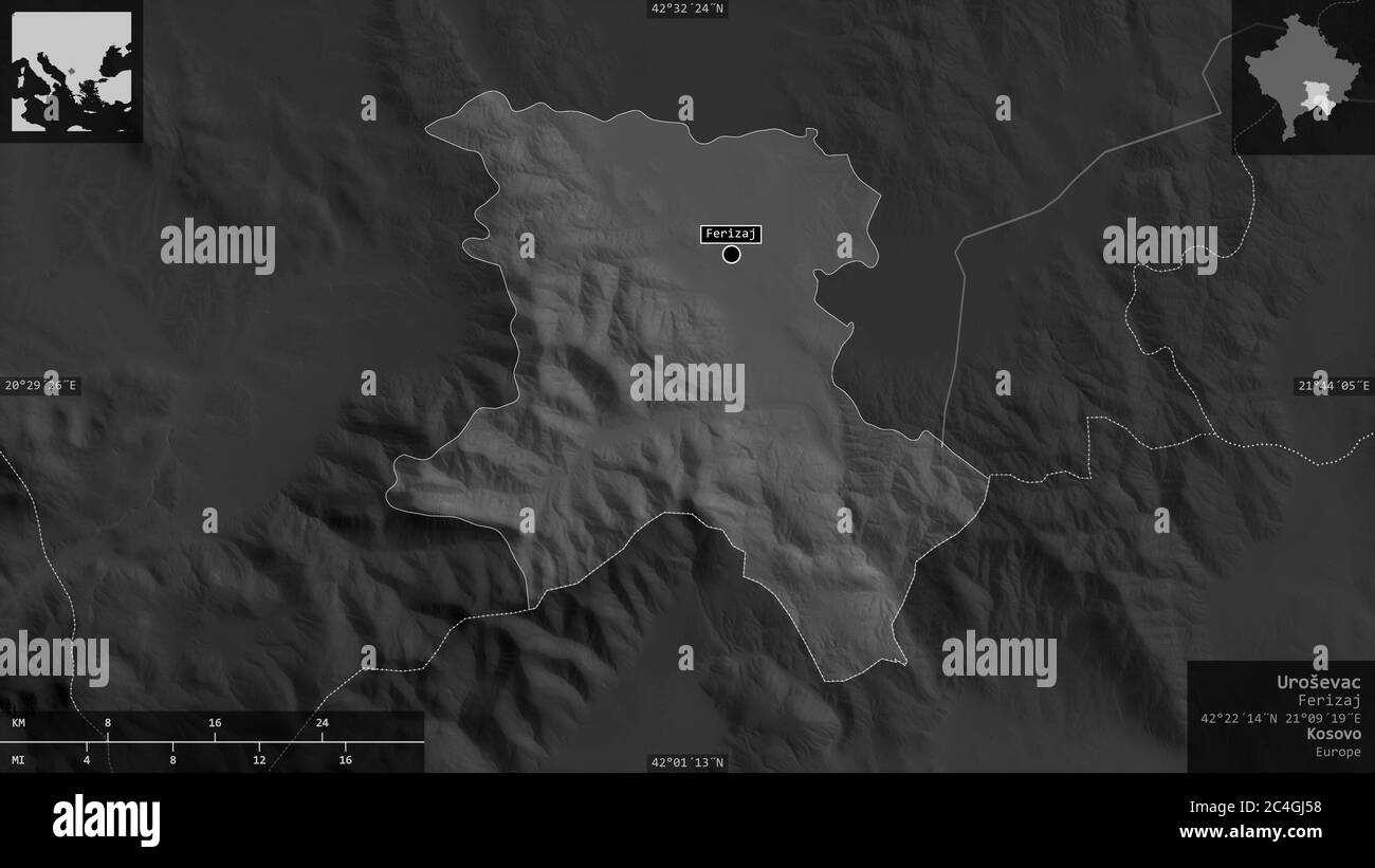Uroševac, district of Kosovo. Grayscaled map with lakes and rivers ...