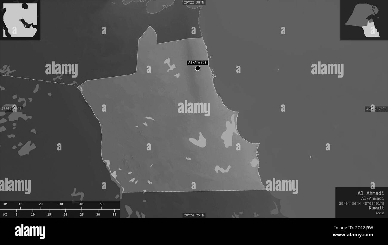 Al Ahmadi, province of Kuwait. Grayscaled map with lakes and rivers ...