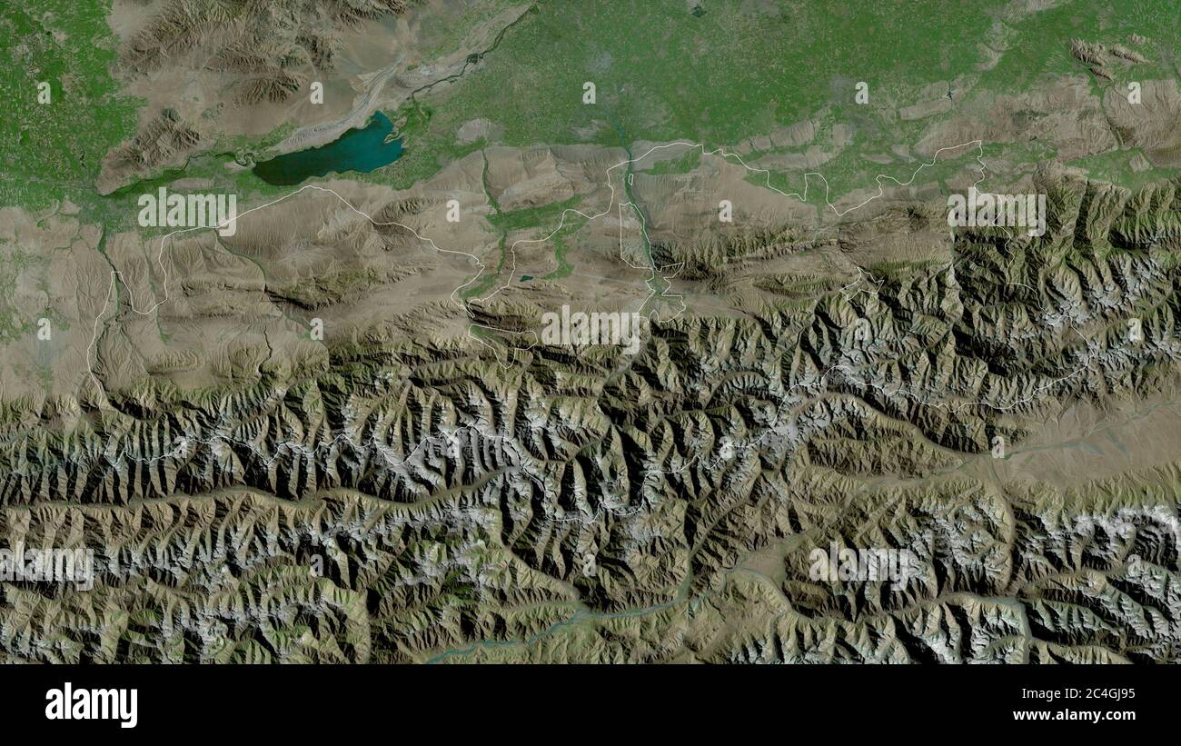 Batken, province of Kyrgyzstan. Satellite imagery. Shape outlined ...