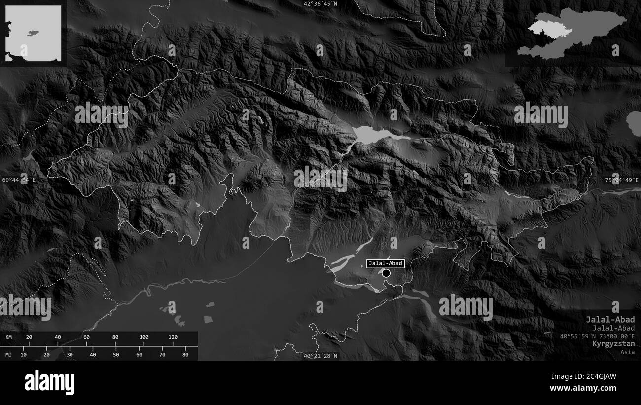 Jalal-Abad, province of Kyrgyzstan. Grayscaled map with lakes and ...