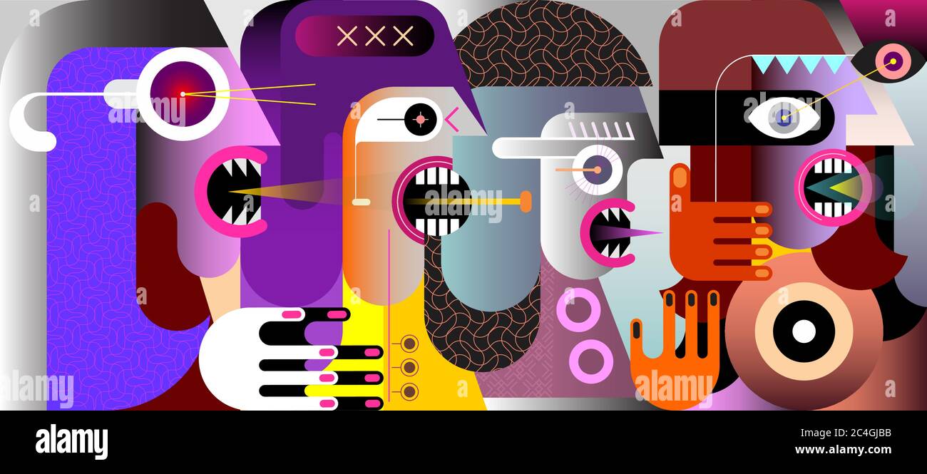 A group of angry people screaming and swearing with someone. Modern art ...