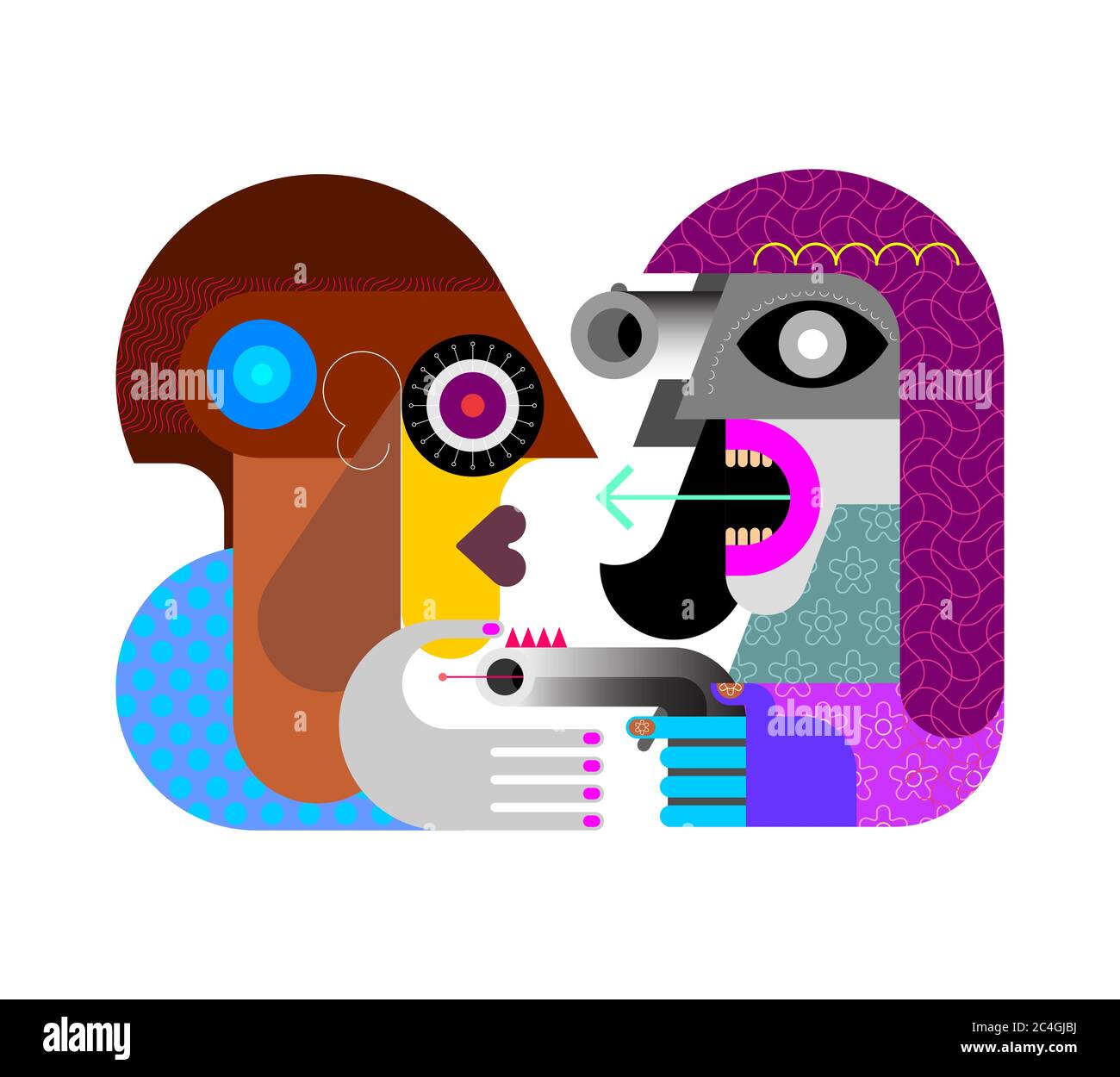 Criminal with a gun in her hand commits a robbery. Modern abstract art ...