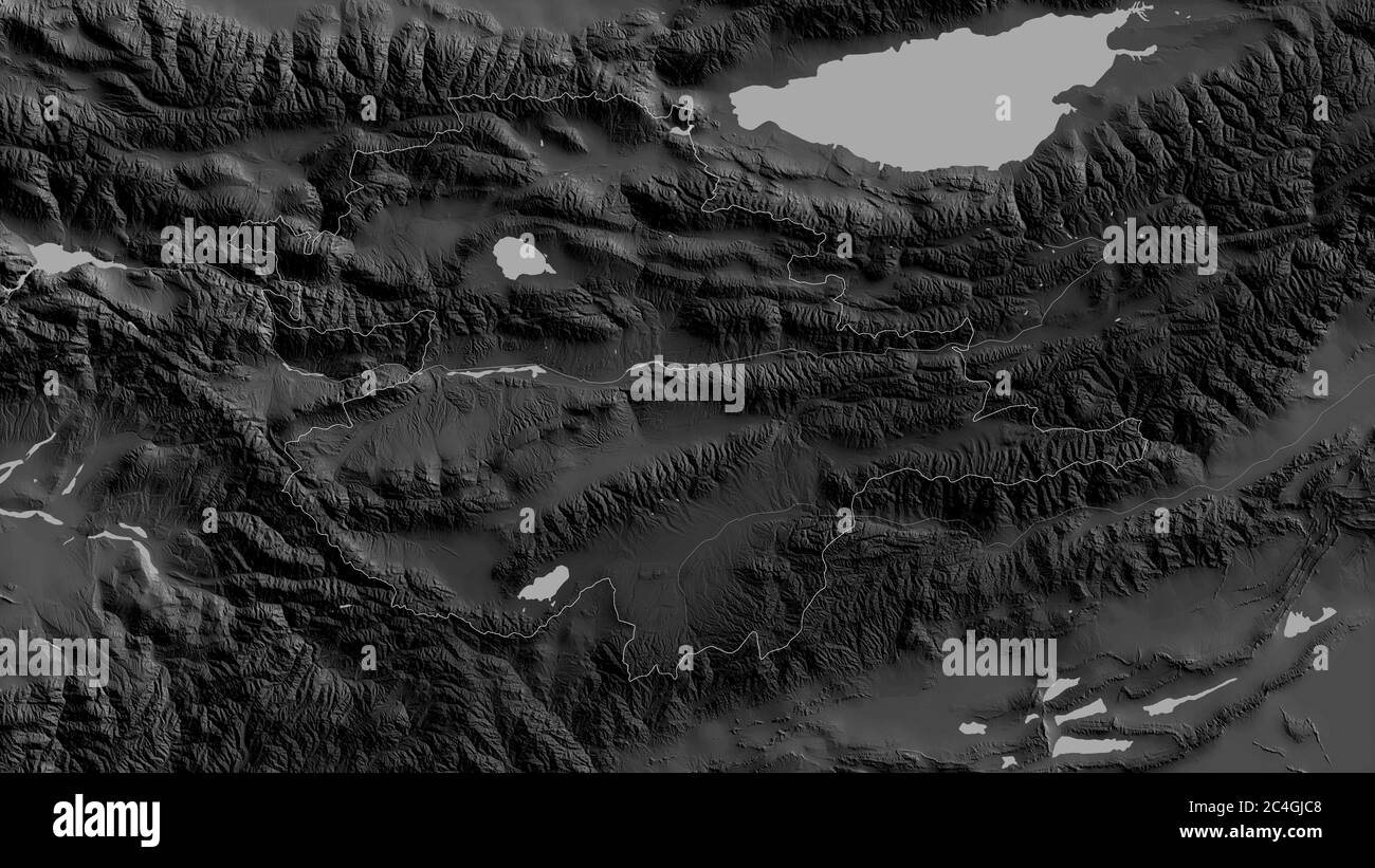 Naryn, province of Kyrgyzstan. Grayscaled map with lakes and rivers ...
