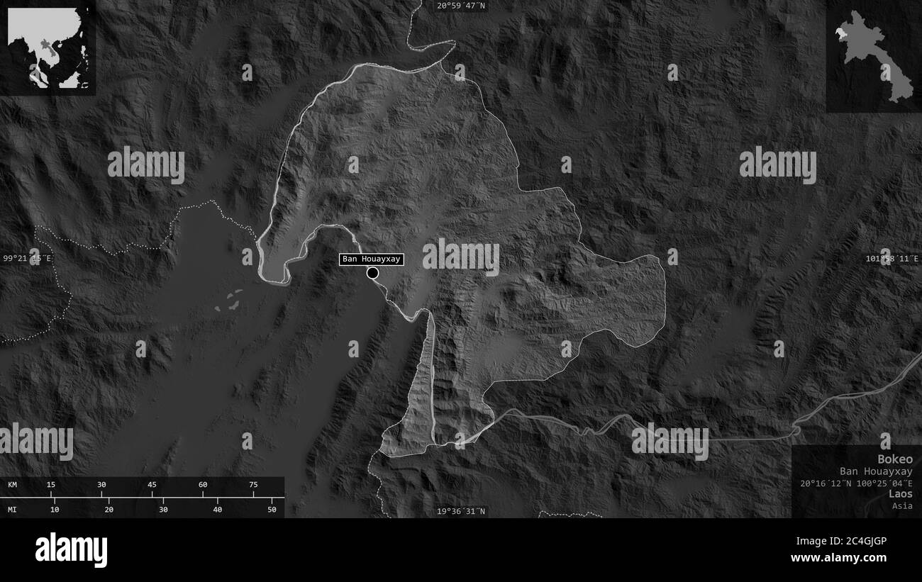 Bokeo, province of Laos. Grayscaled map with lakes and rivers. Shape ...