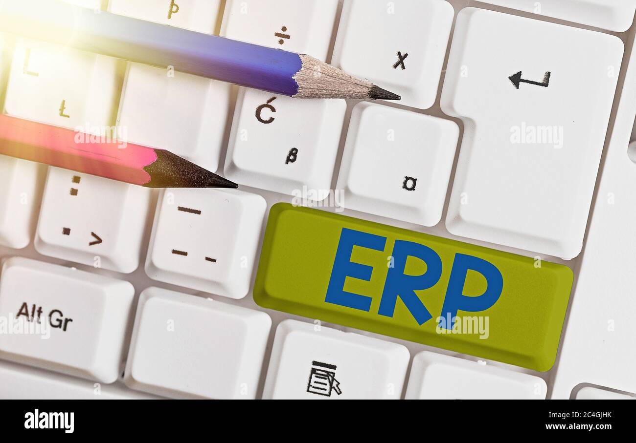 Conceptual hand writing showing Erp. Concept meaning enterprise resource planning centralized ...