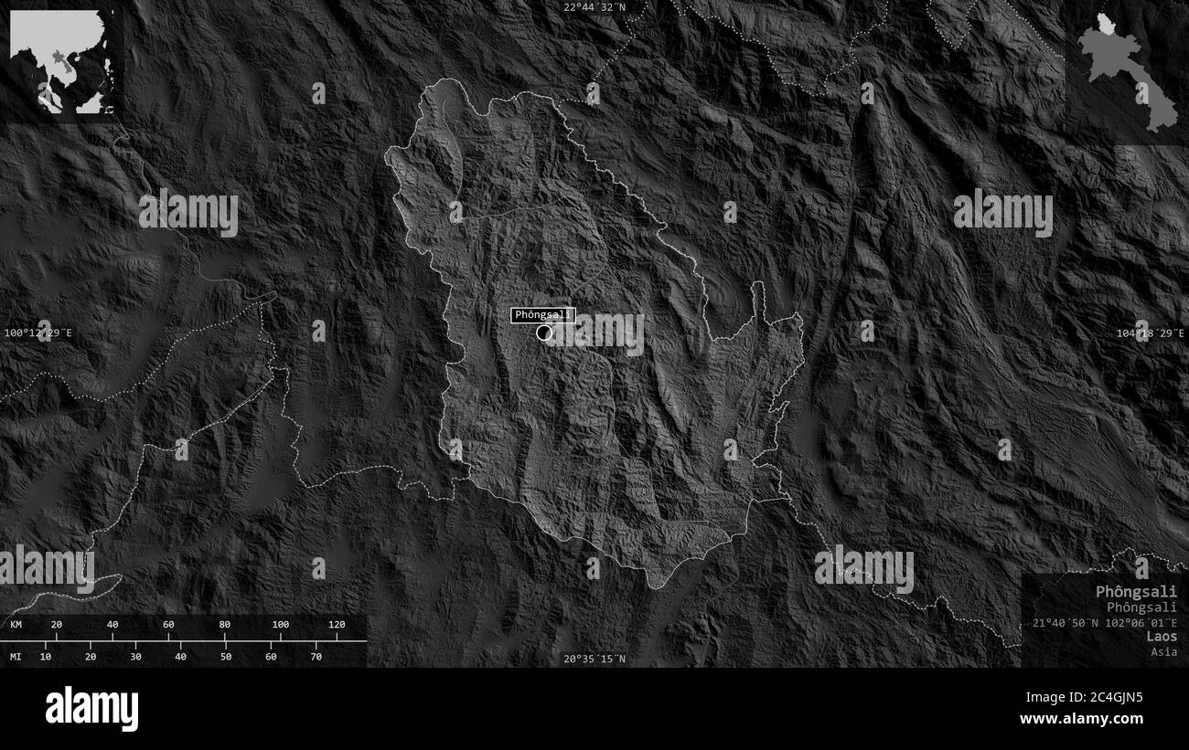 Phôngsali, province of Laos. Grayscaled map with lakes and rivers ...