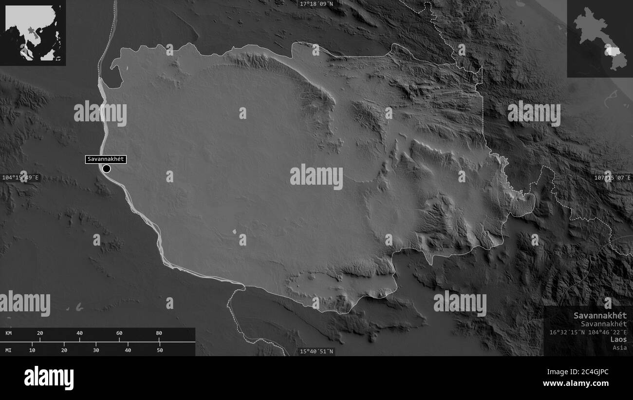 Savannakhét, province of Laos. Grayscaled map with lakes and rivers ...