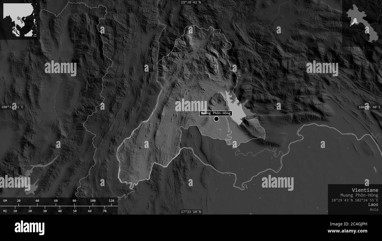 Vientiane, province of Laos. Grayscaled map with lakes and rivers ...
