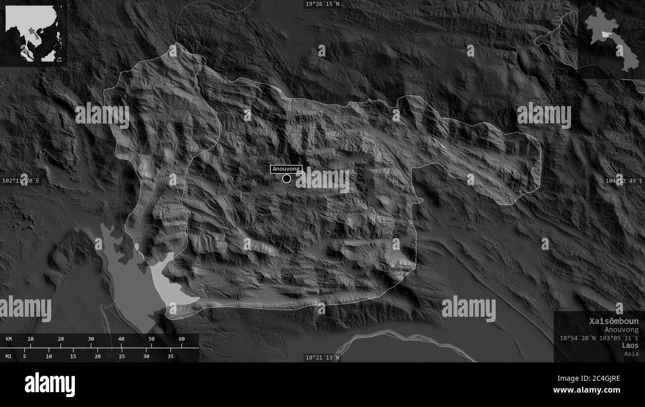 Xaisômboun, special region of Laos. Grayscaled map with lakes and ...