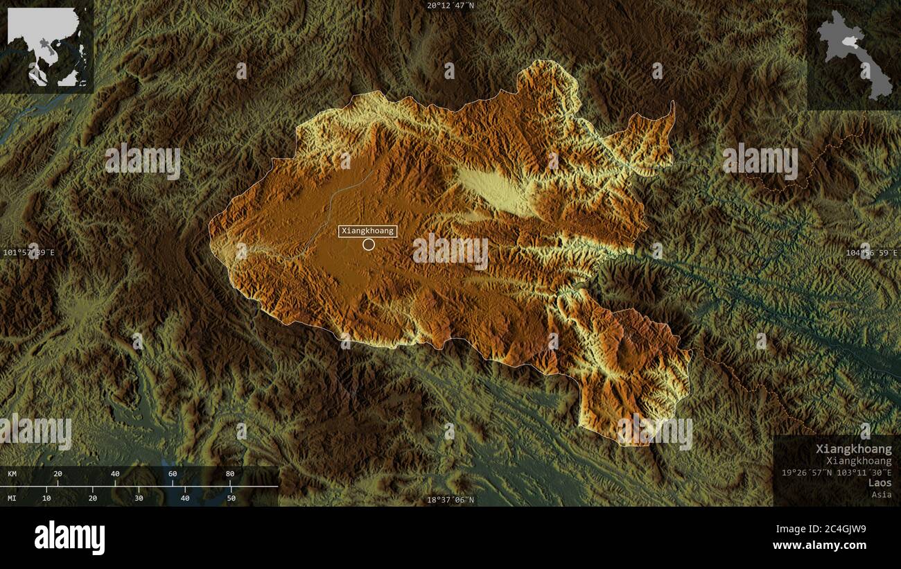 Xiangkhoang, province of Laos. Colored relief with lakes and rivers ...