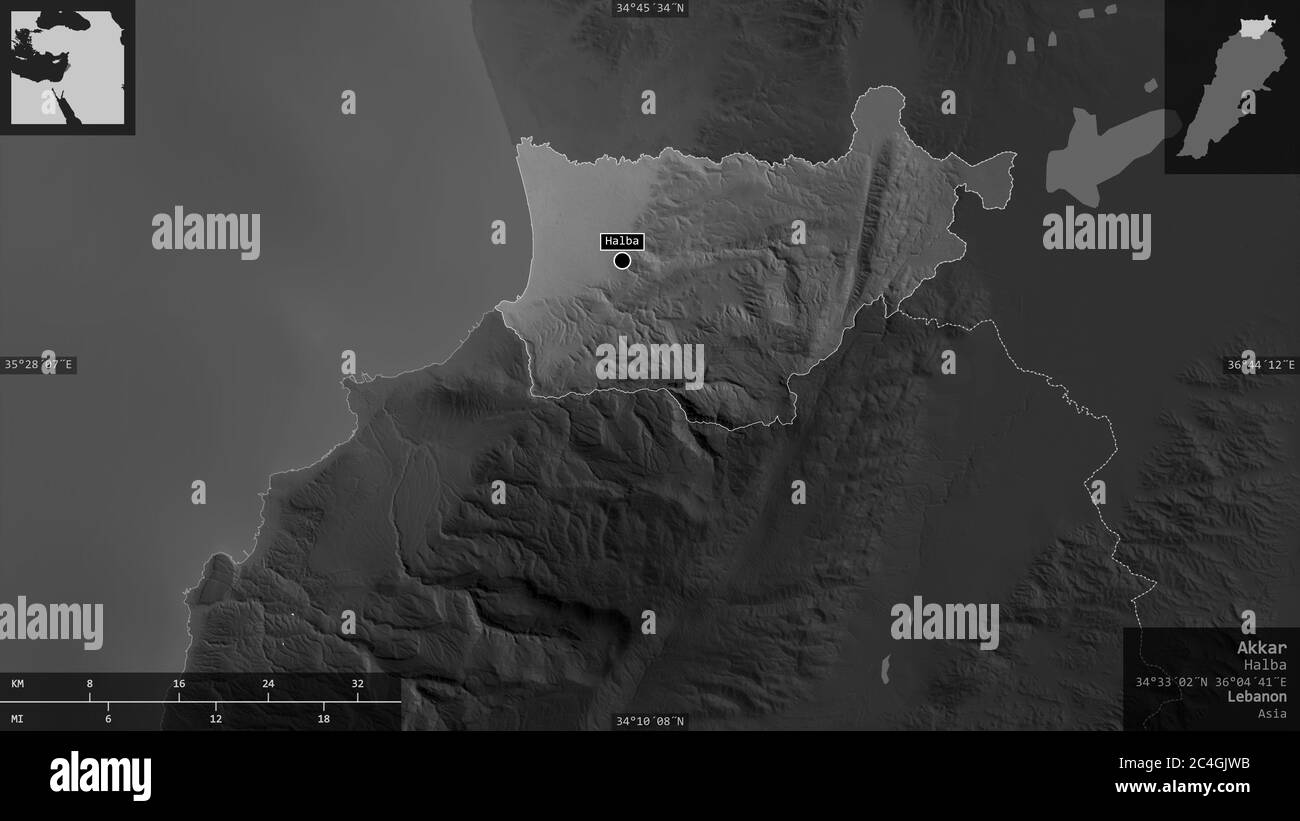 Akkar, governorate of Lebanon. Grayscaled map with lakes and rivers ...