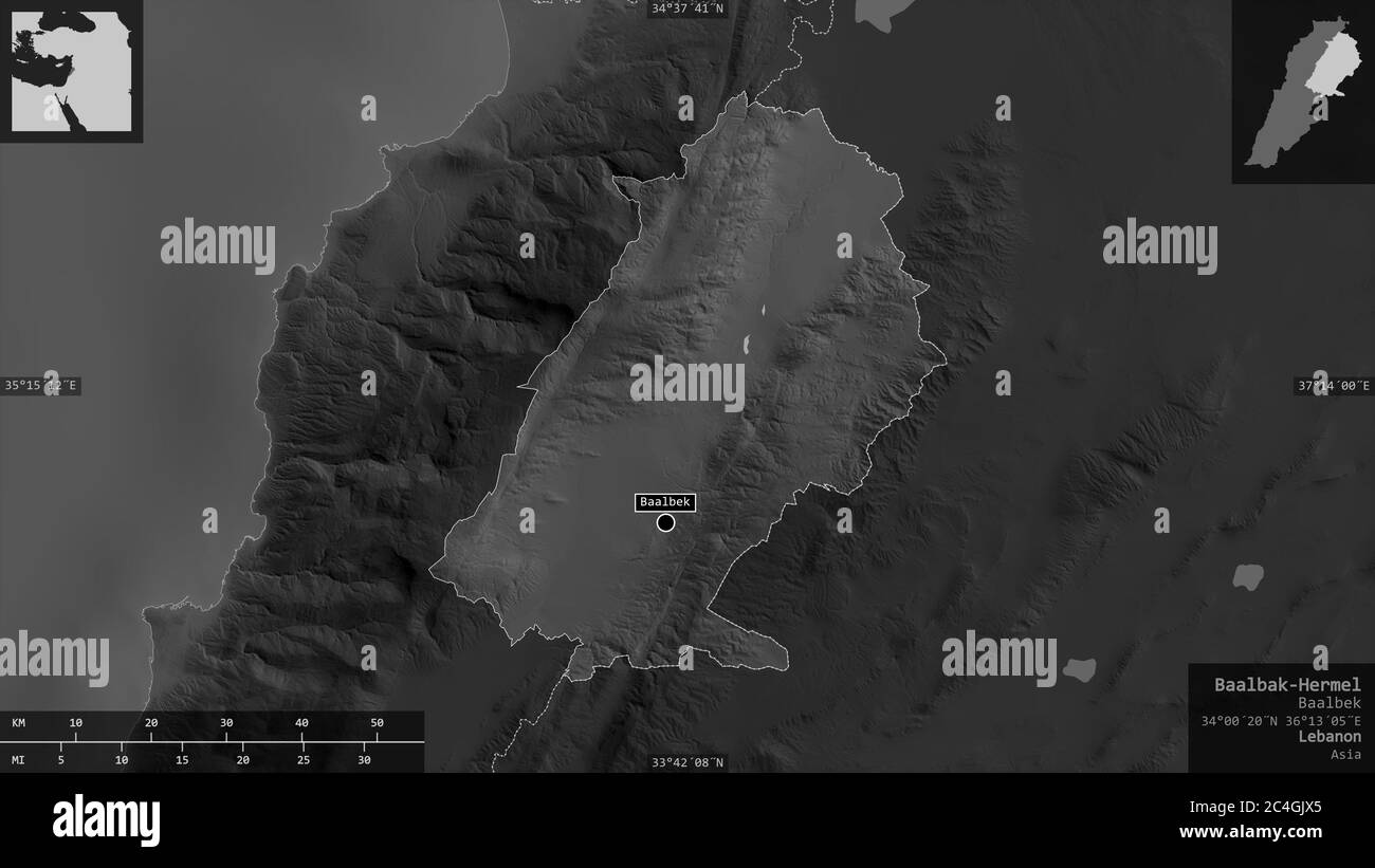 Baalbak-Hermel, governorate of Lebanon. Grayscaled map with lakes and ...