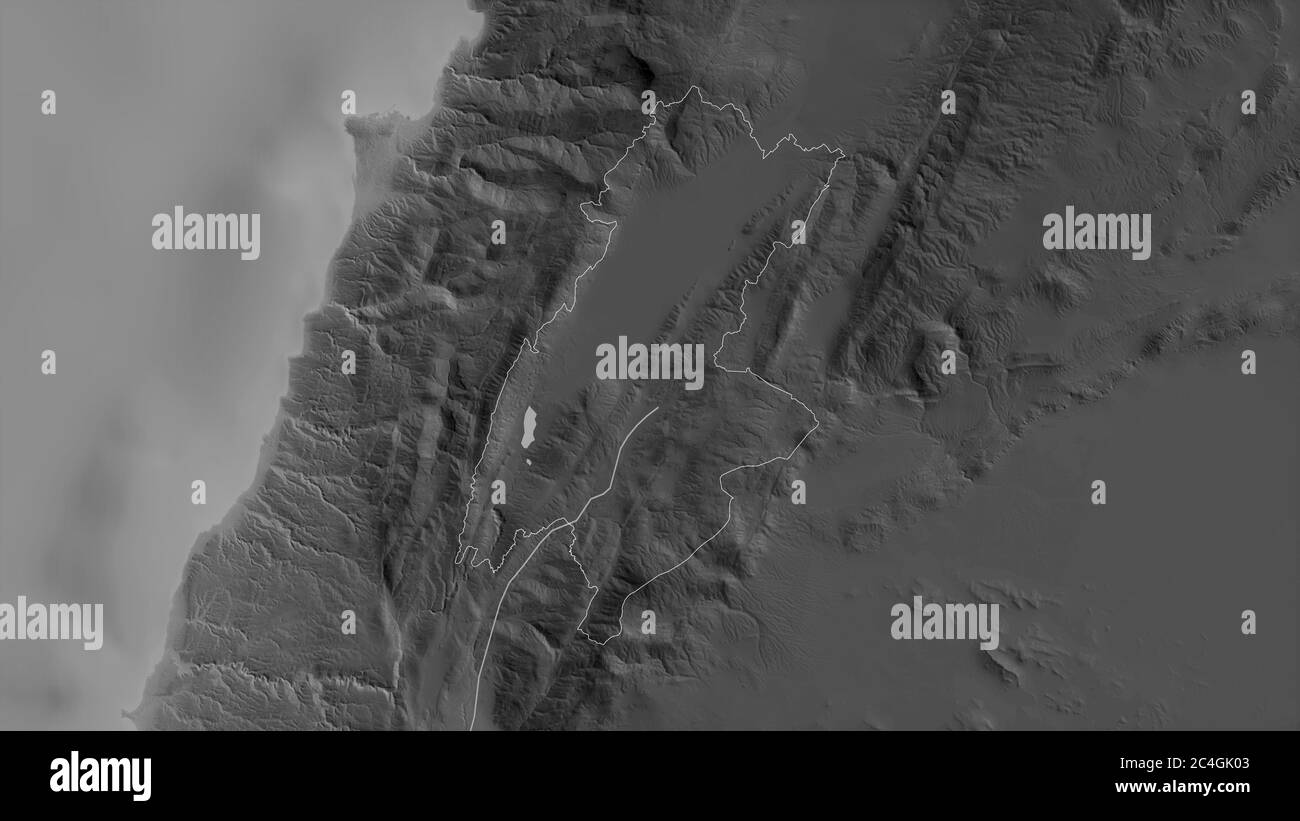 Bekaa, governorate of Lebanon. Grayscaled map with lakes and rivers ...