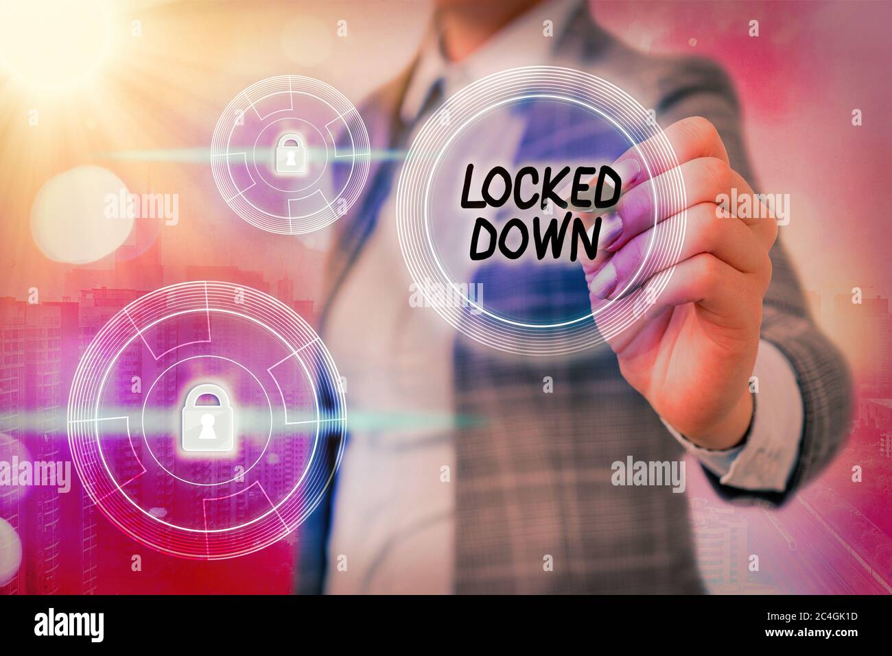 Text sign showing Locked Down. Business photo showcasing emergency ...