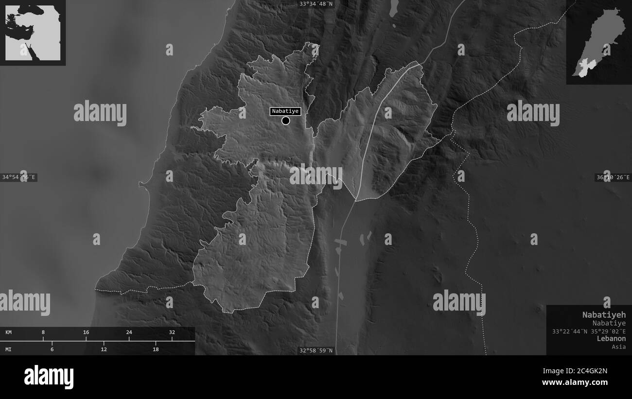 Nabatiyeh, governorate of Lebanon. Grayscaled map with lakes and rivers ...