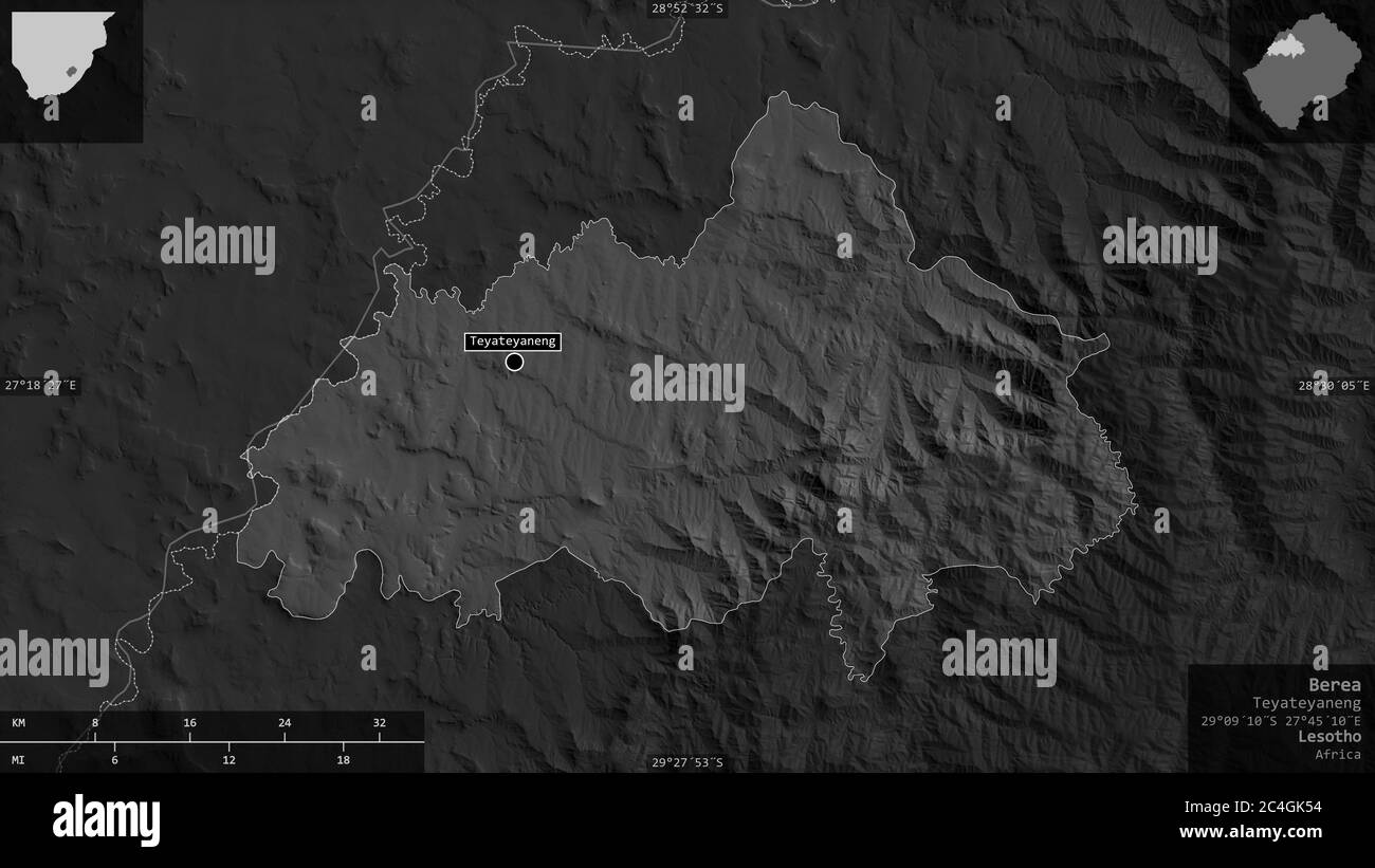 Berea, district of Lesotho. Grayscaled map with lakes and rivers. Shape ...