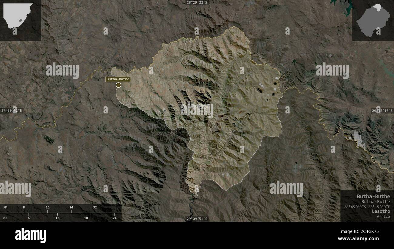 Butha-Buthe, district of Lesotho. Satellite imagery. Shape presented ...