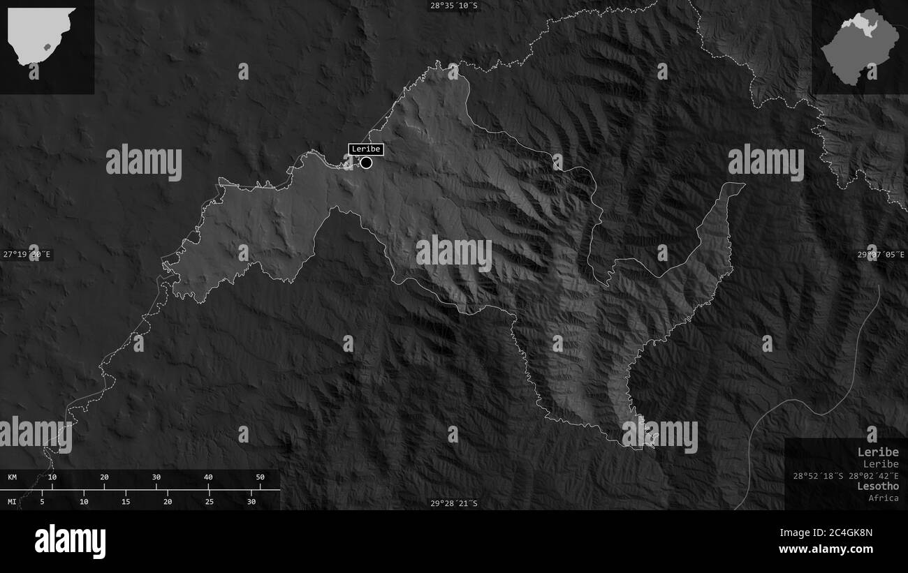 Leribe, district of Lesotho. Grayscaled map with lakes and rivers ...
