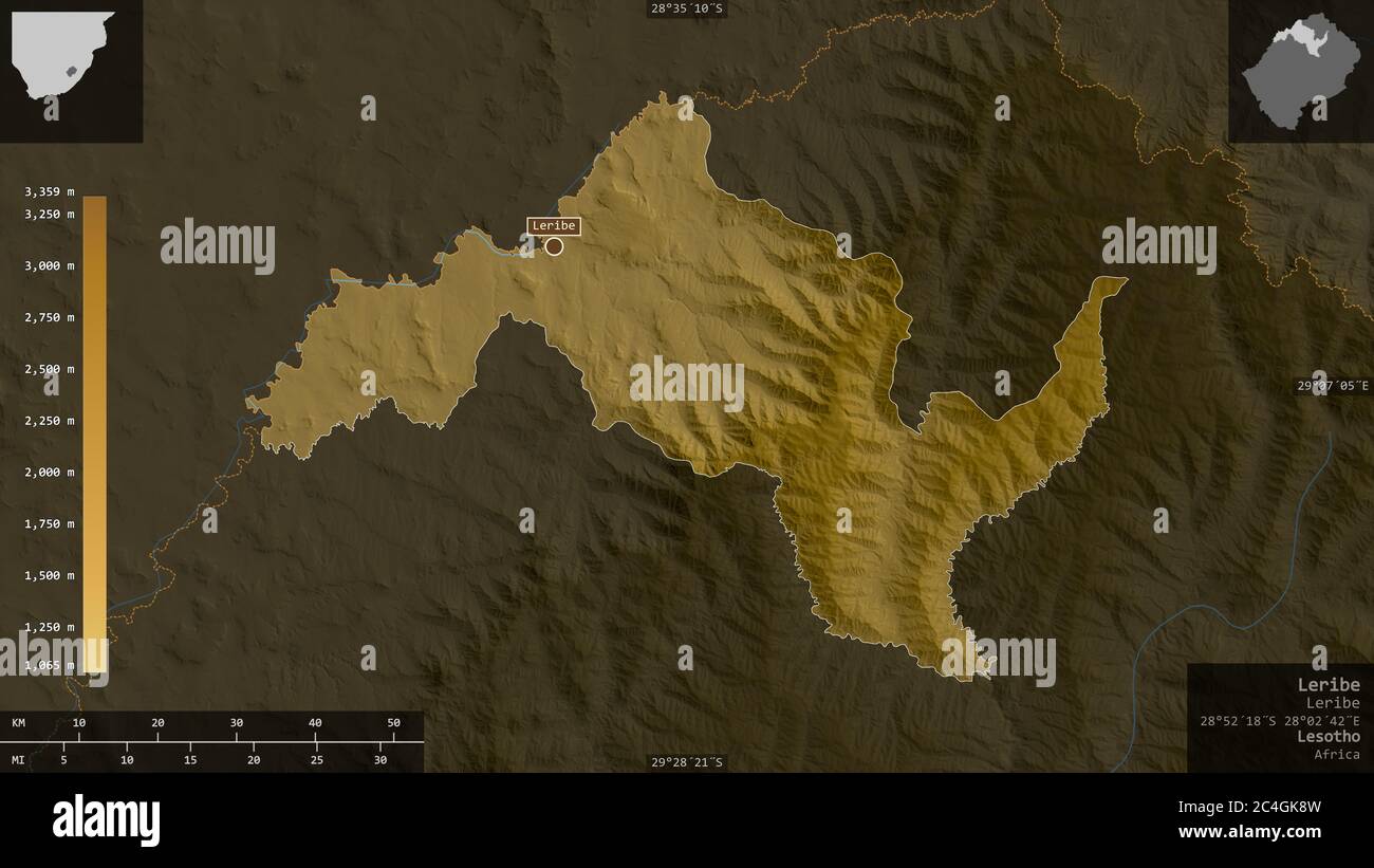 Leribe, district of Lesotho. Colored shader data with lakes and rivers ...