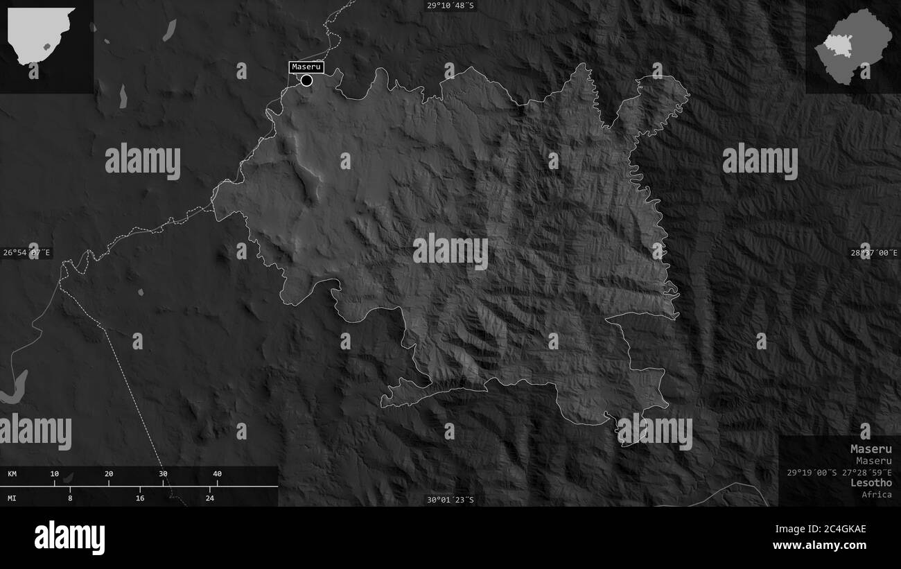 Maseru, district of Lesotho. Grayscaled map with lakes and rivers ...