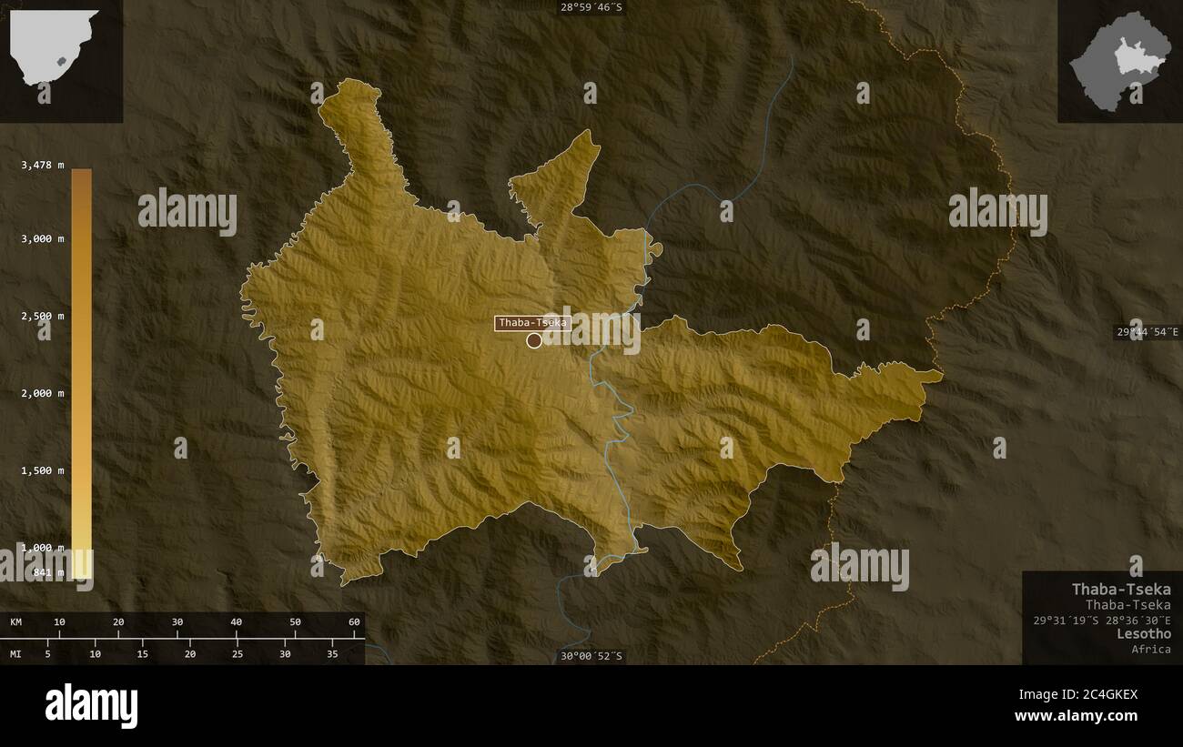 Thaba-Tseka, district of Lesotho. Colored shader data with lakes and ...