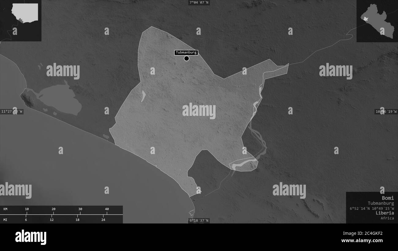 Bomi, county of Liberia. Grayscaled map with lakes and rivers. Shape ...