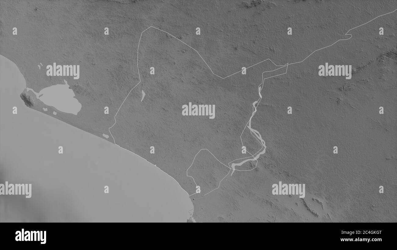 Bomi, county of Liberia. Grayscaled map with lakes and rivers. Shape ...