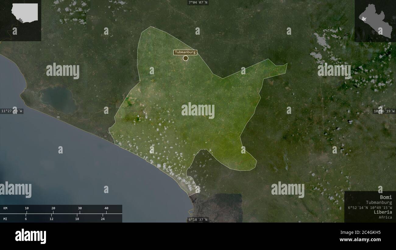 Bomi, county of Liberia. Satellite imagery. Shape presented against its ...