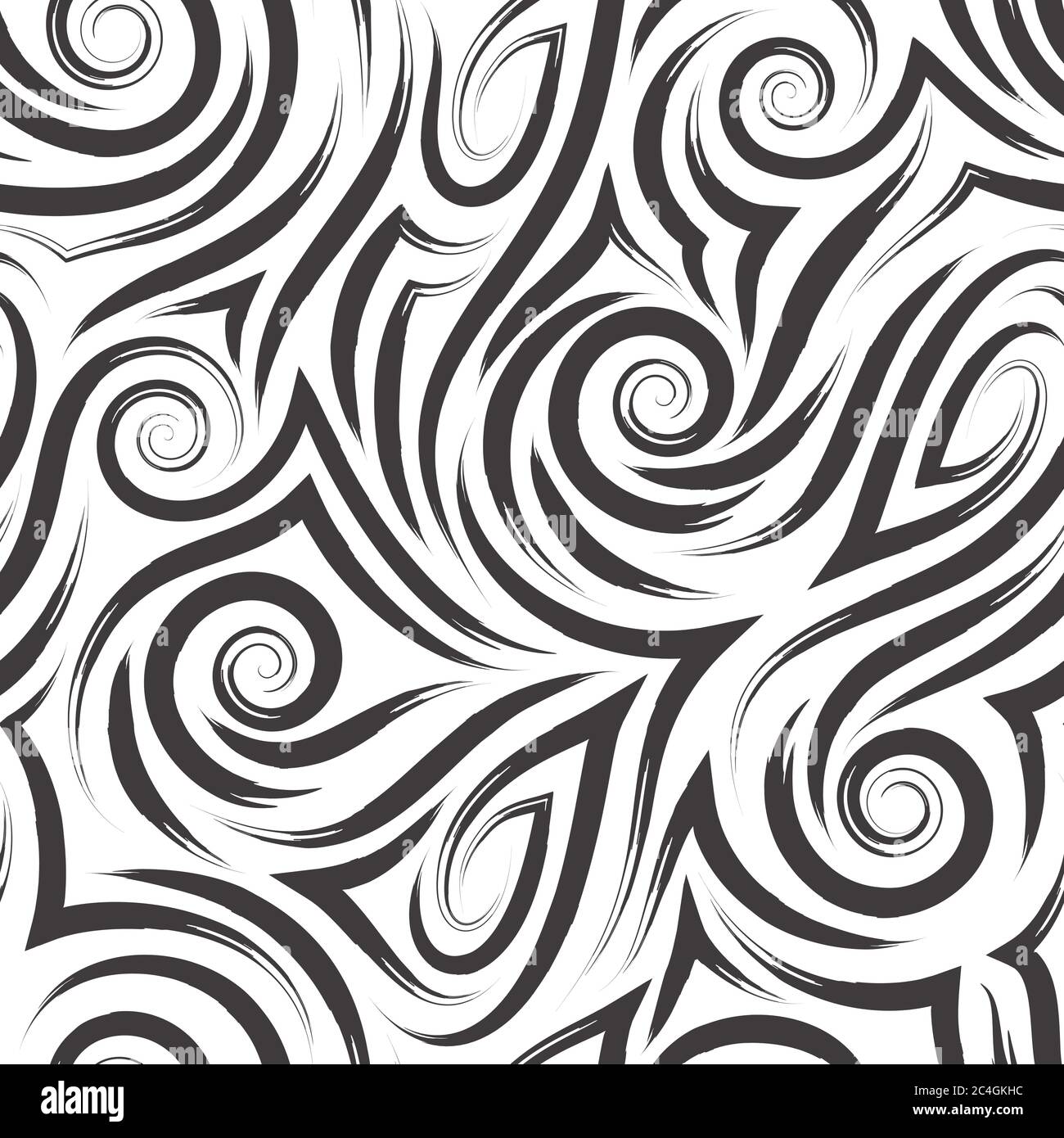 Vector Black Seamless Pattern Of Spirals And Curls For Decoration And Printing On Fabric On A
