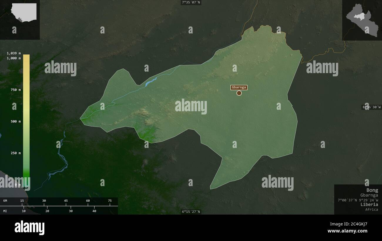 Bong, county of Liberia. Colored shader data with lakes and rivers ...