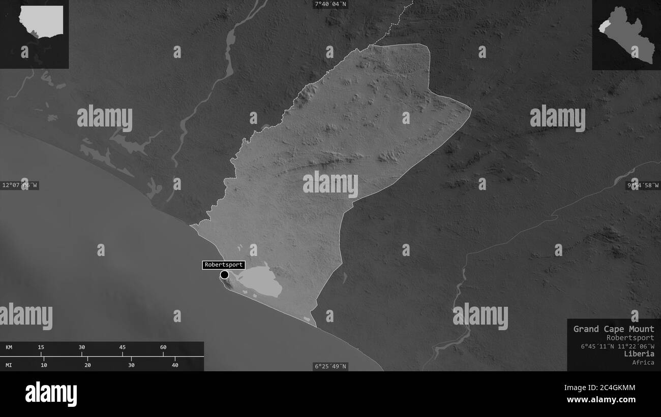 Grand Cape Mount, county of Liberia. Grayscaled map with lakes and ...
