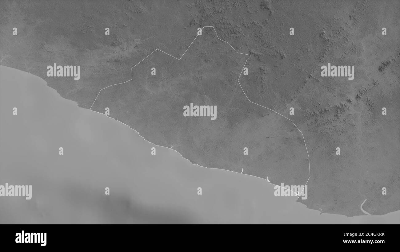 Grand Kru, county of Liberia. Grayscaled map with lakes and rivers ...