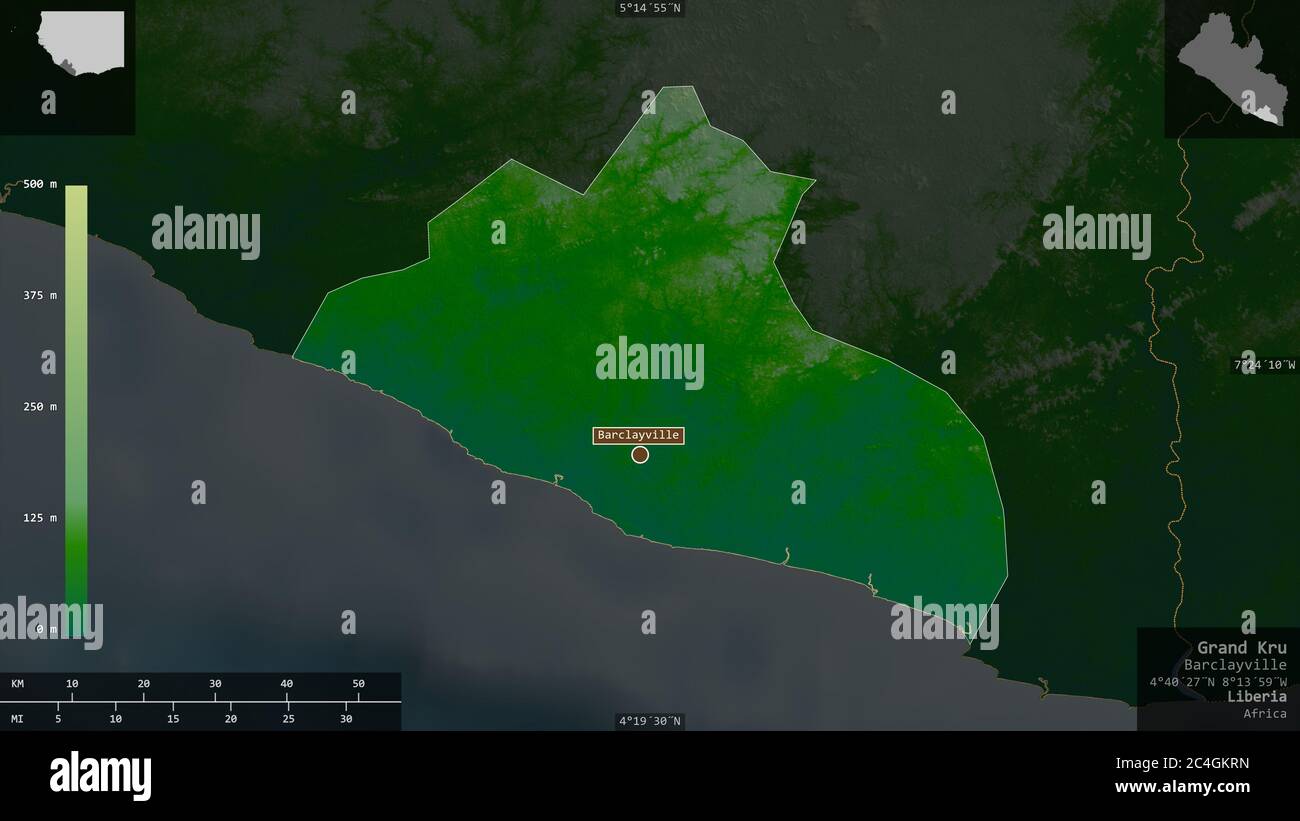 Grand Kru, county of Liberia. Colored shader data with lakes and rivers ...