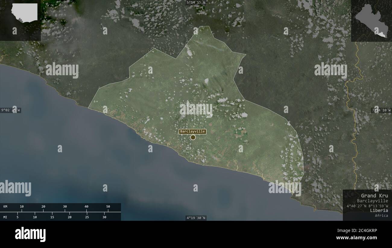 Grand Kru, county of Liberia. Satellite imagery. Shape presented ...
