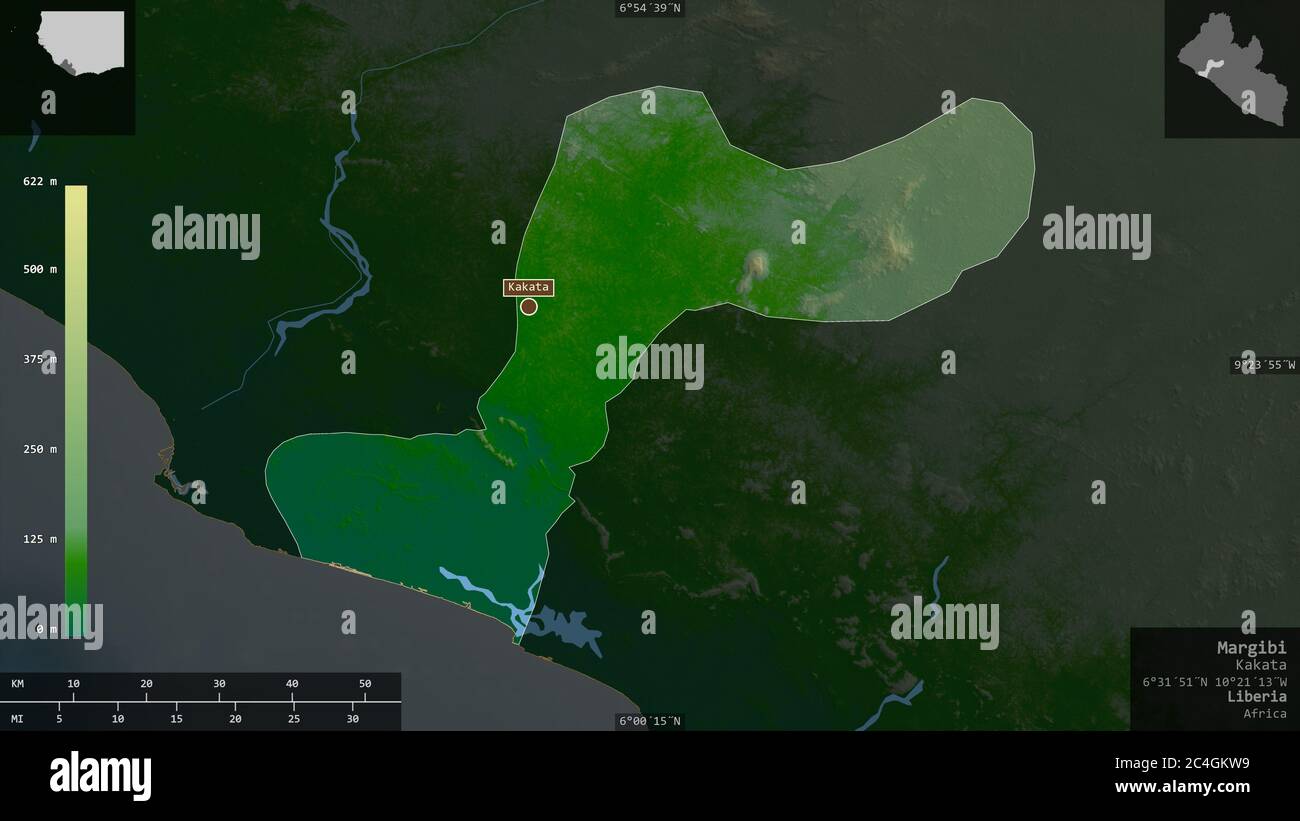 Margibi, county of Liberia. Colored shader data with lakes and rivers ...